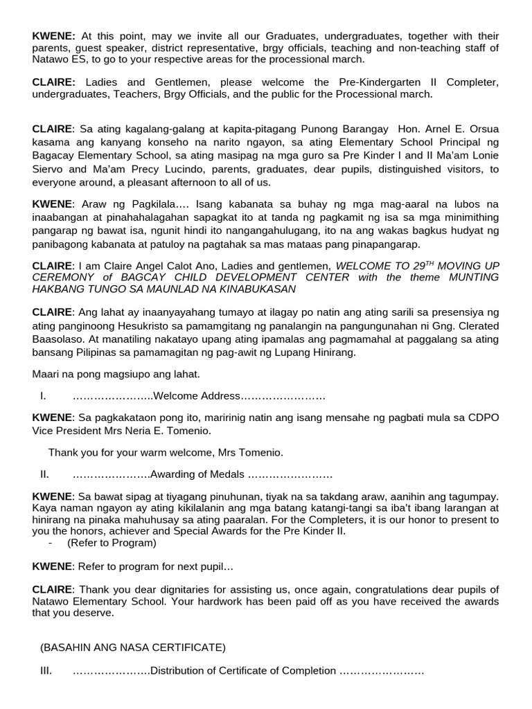 Pre-K Script Emcee | PDF