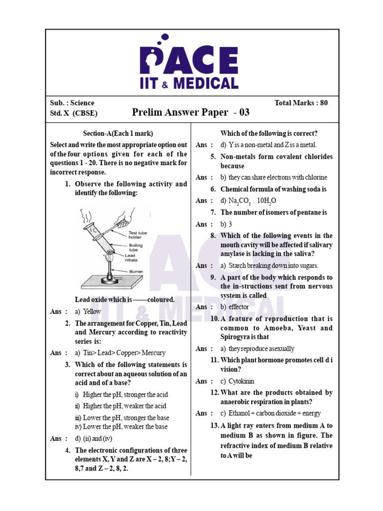 10th CBSE Prelim 3 ANS Science 1 | PDF | Heart | Hydrochloric Acid