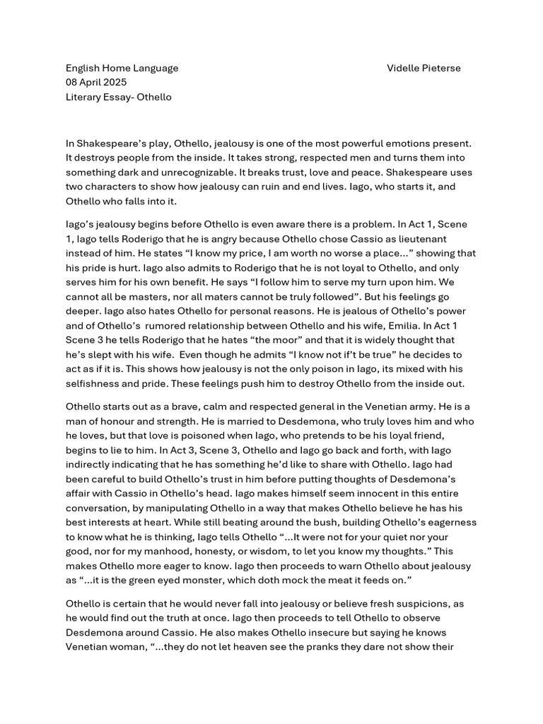 Literary Essay - Othello Final | PDF | Othello | Iago