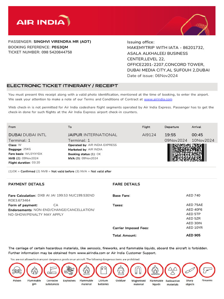 Air India Web Booking Eticket (PEG3QM) - VIRENDRA | PDF