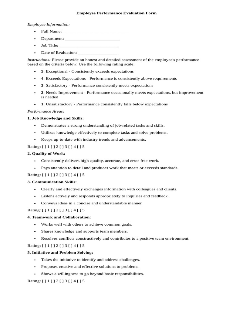 Employee Performance Evaluation Form | PDF | Performance Appraisal ...