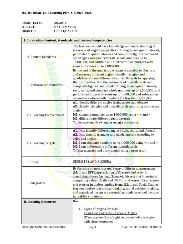Grade 4 Math Learning Plan: Quarter 1 | PDF | Rectangle | Triangle
