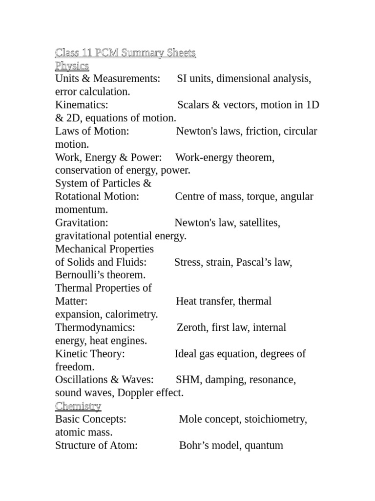 Class 11 PCM Summary Sheets | PDF | Newton's Laws Of Motion | Chemical Reactions