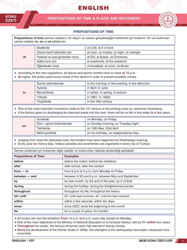 Prepositions of Time, Place, Movement | PDF