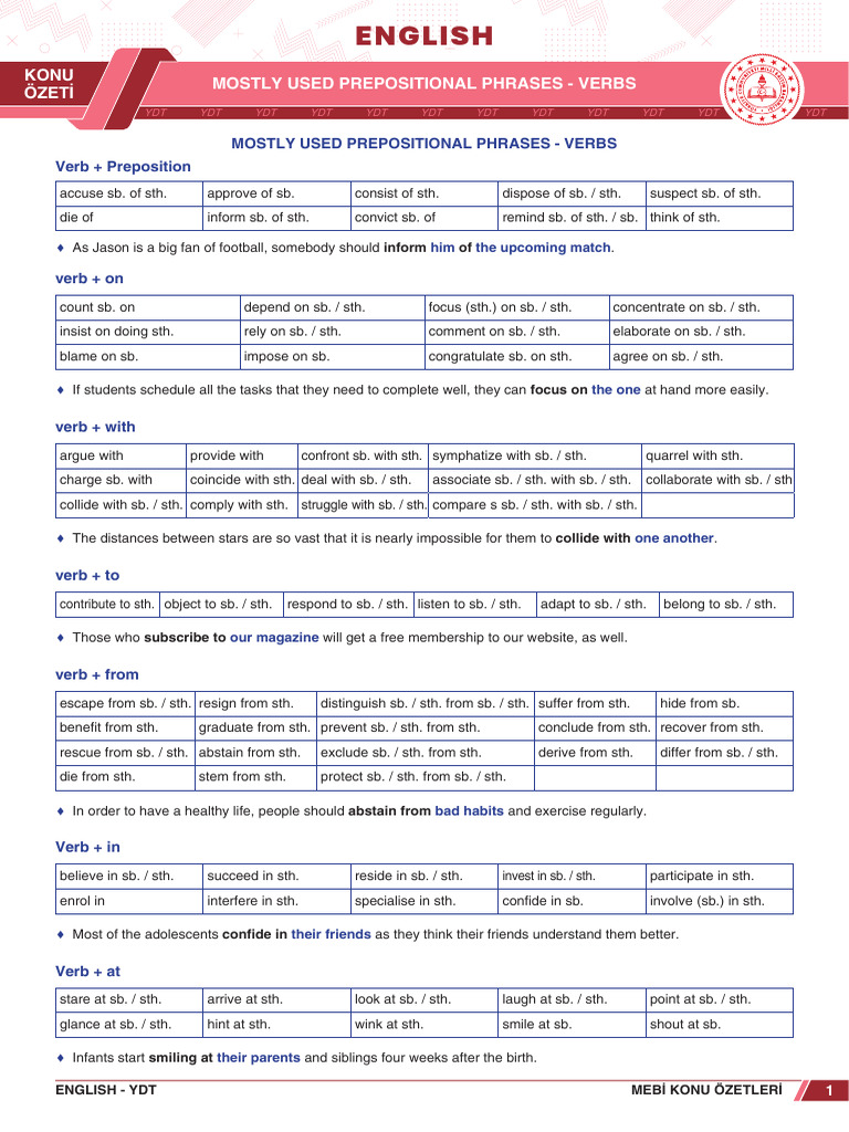 Mostly Used Prepositional Phrases - Verbs Verb + Preposition | PDF ...