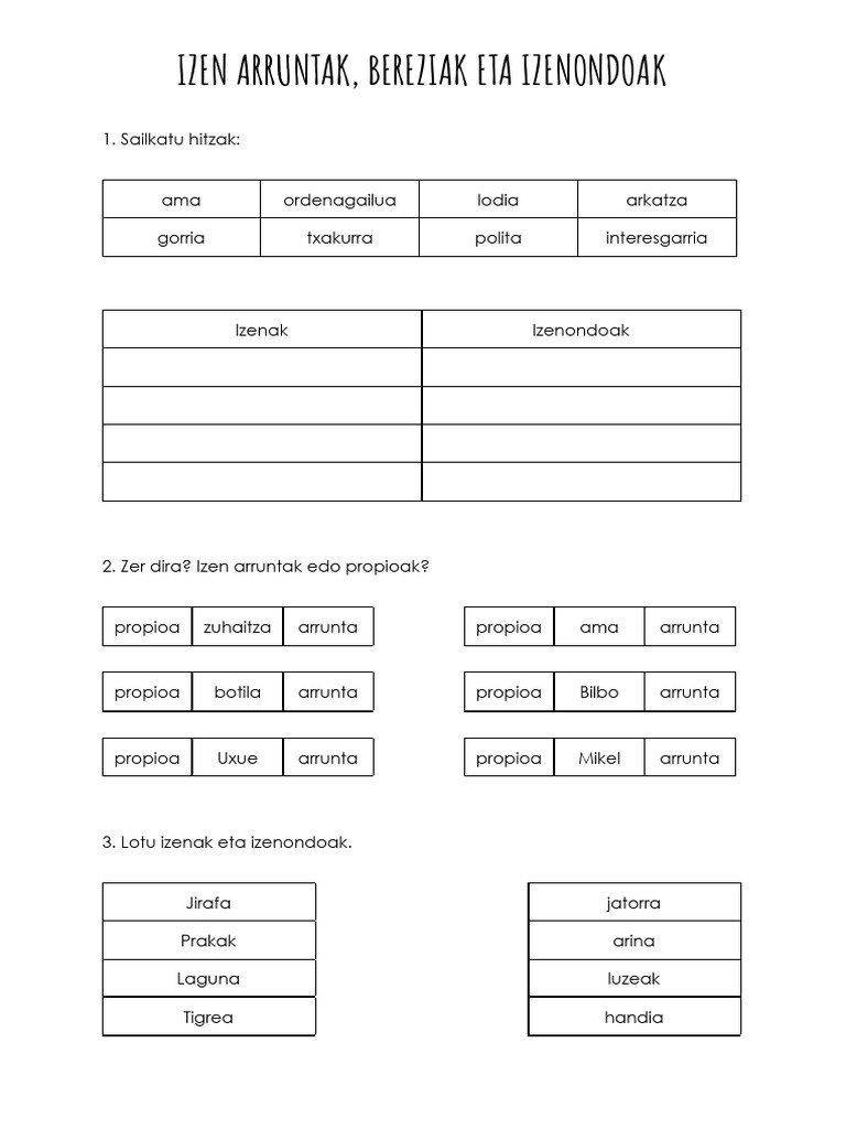 Izen Arruntak, Bereziak Eta Izenondoak | PDF