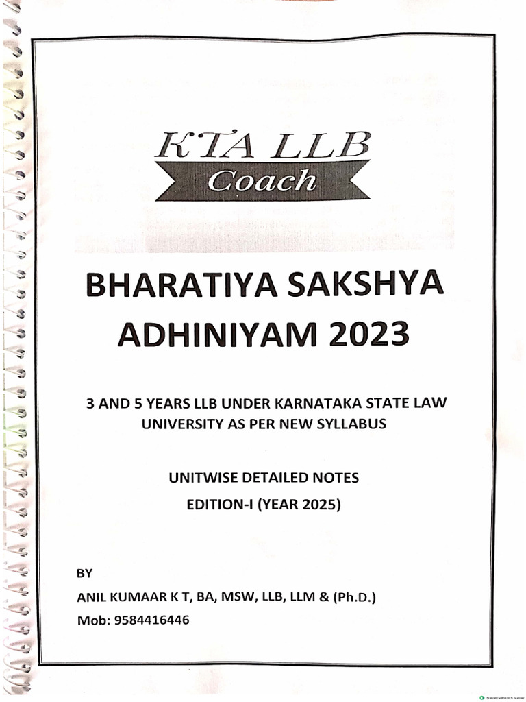 Bsa Kta LLB Detailed Notes On Bharatiya Sakshya Adhiniyam 2023 | PDF