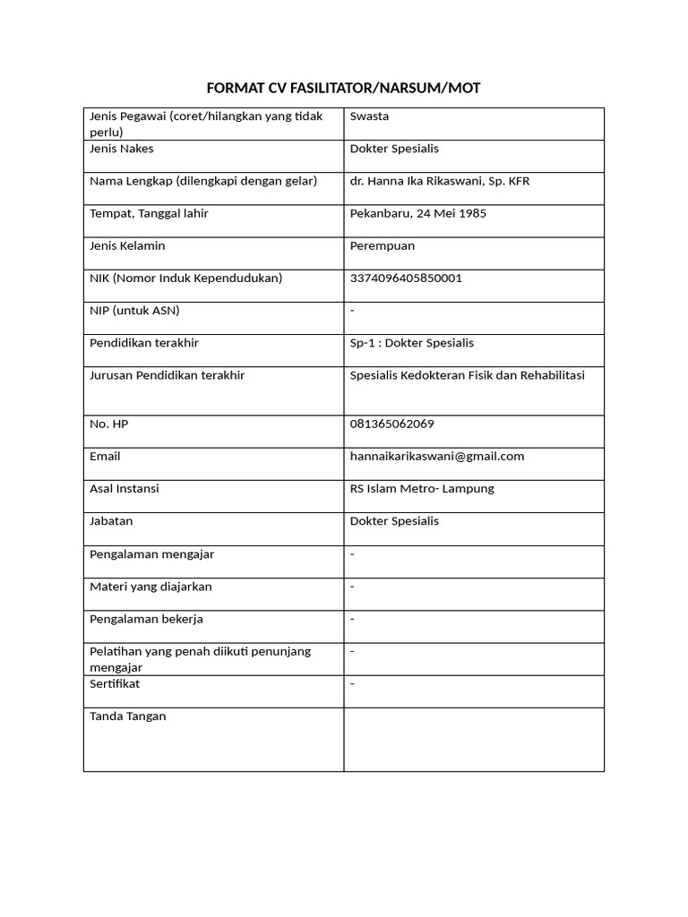 Format CV Fasilitator | PDF