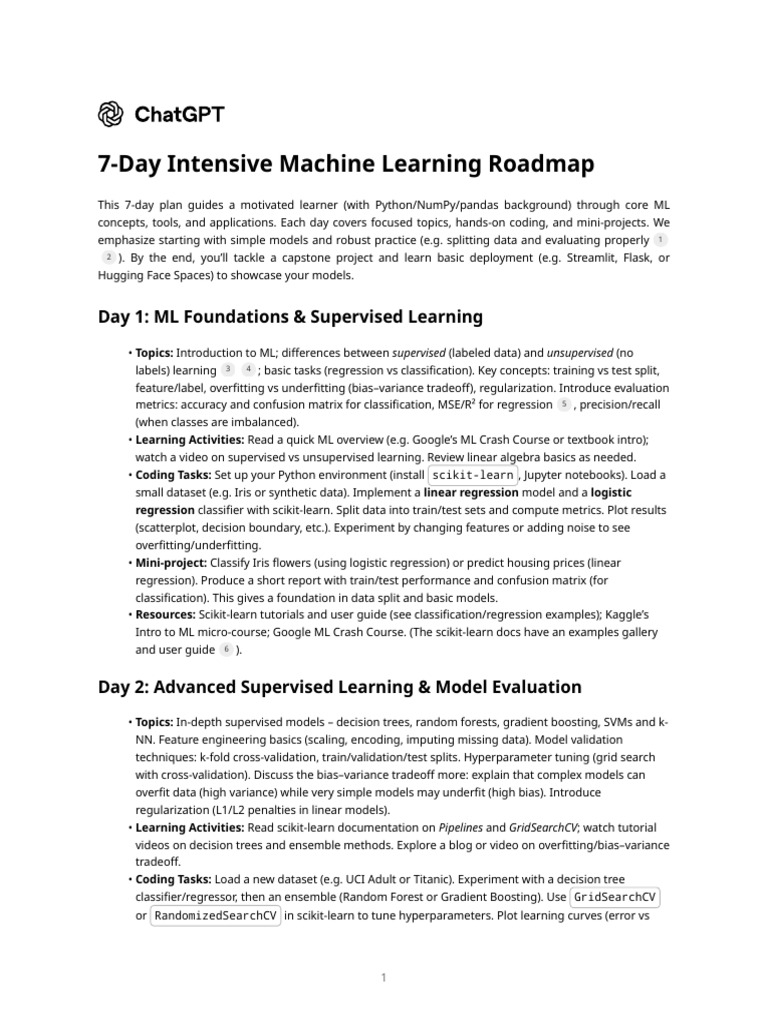 7-Day Intensive Machine Learning Roadmap | PDF | Cross Validation (Statistics) | Deep Learning