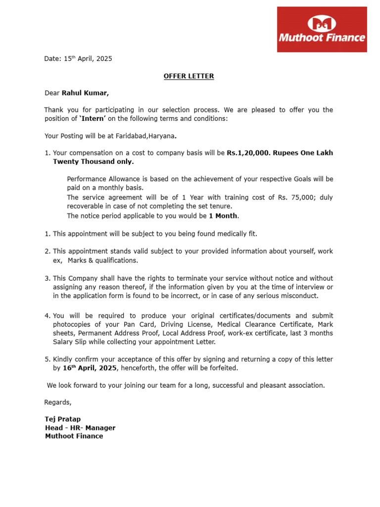 Rahul Kumar Muthoot Intern Offer Letter | PDF