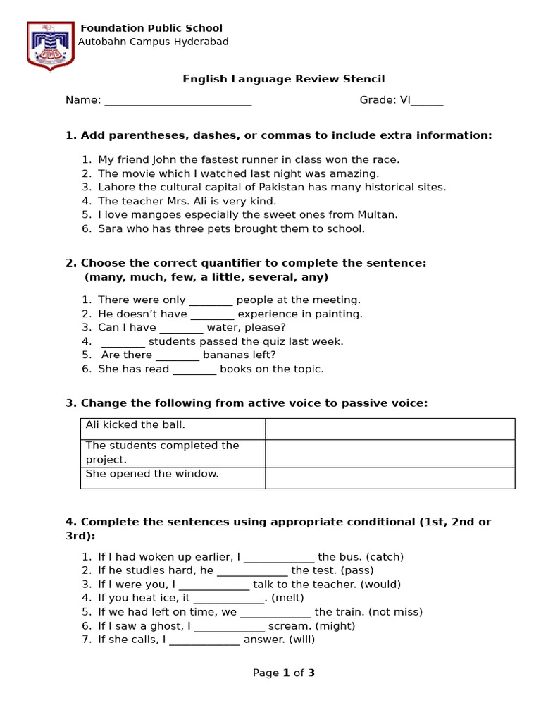 English Language Review Sheet 2 Grade 6 | PDF