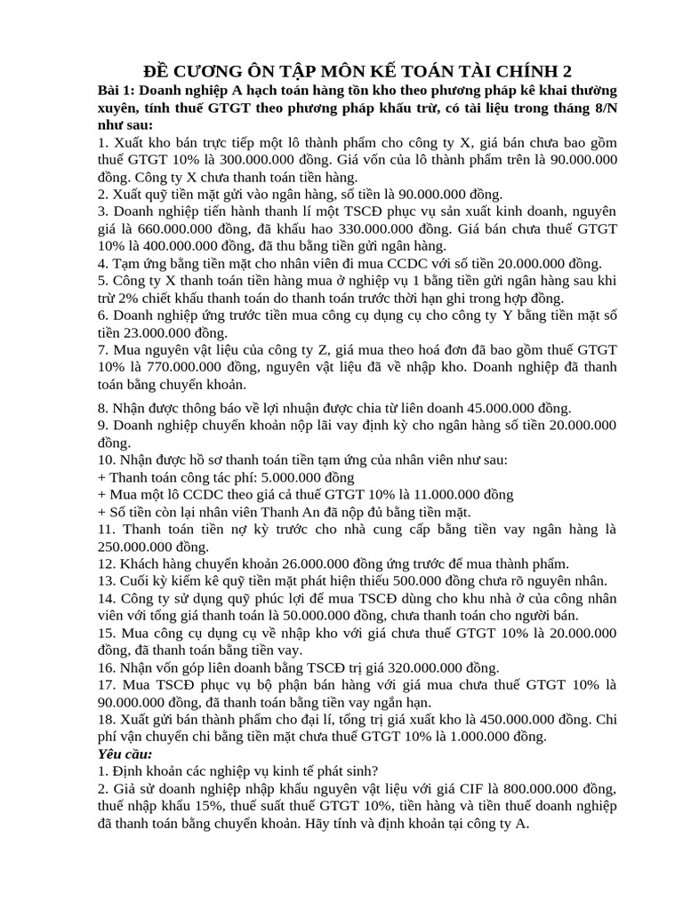 Ôn tập cuối kỳ-KTTC2-2025 | PDF