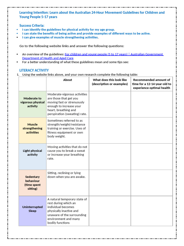 Physical Activity Guidelines Student Task | PDF | Physical Fitness ...