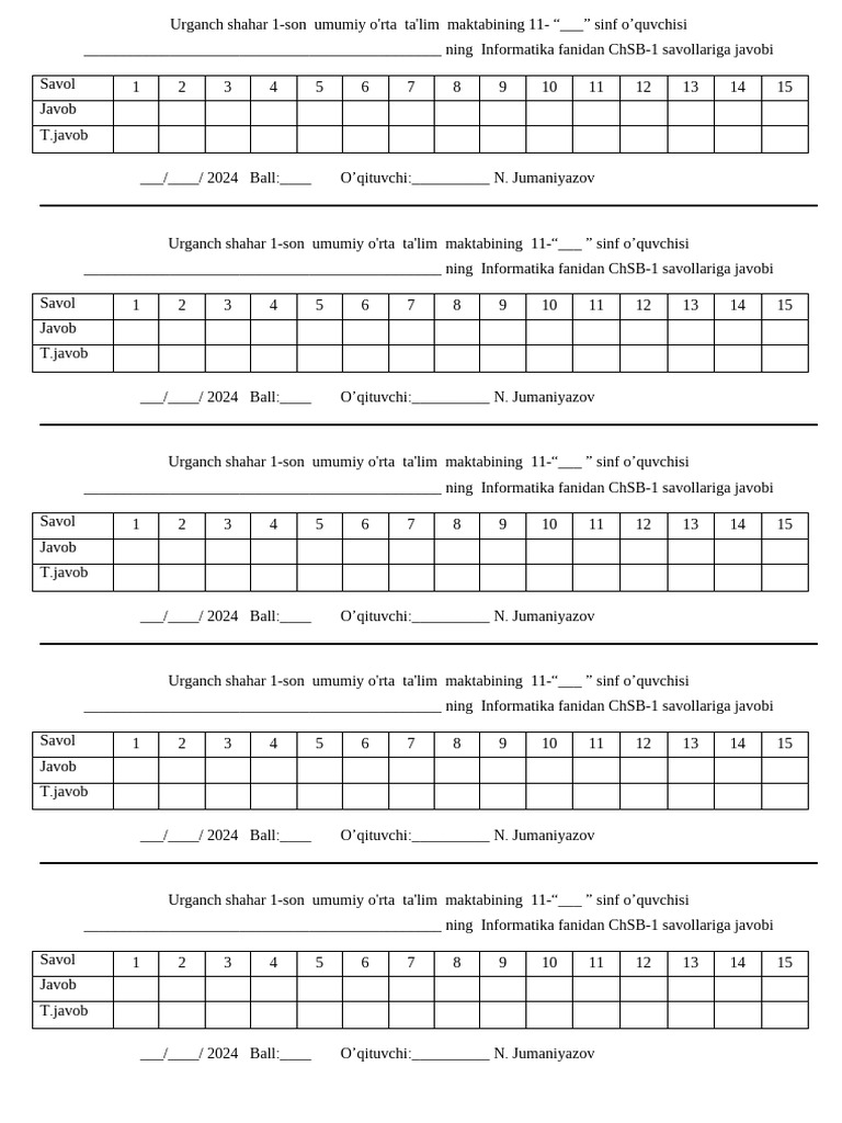 TEST KALIT (15-Savol Uchun) Aniq | PDF