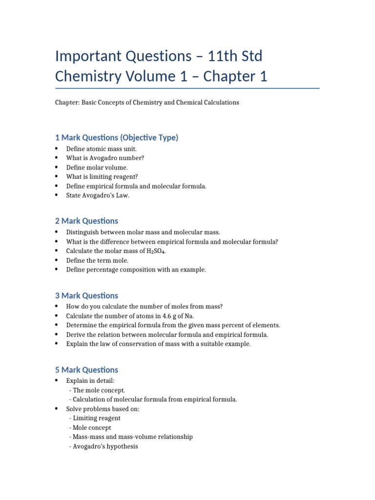 11th Chemistry Ch1 Important Questions | PDF
