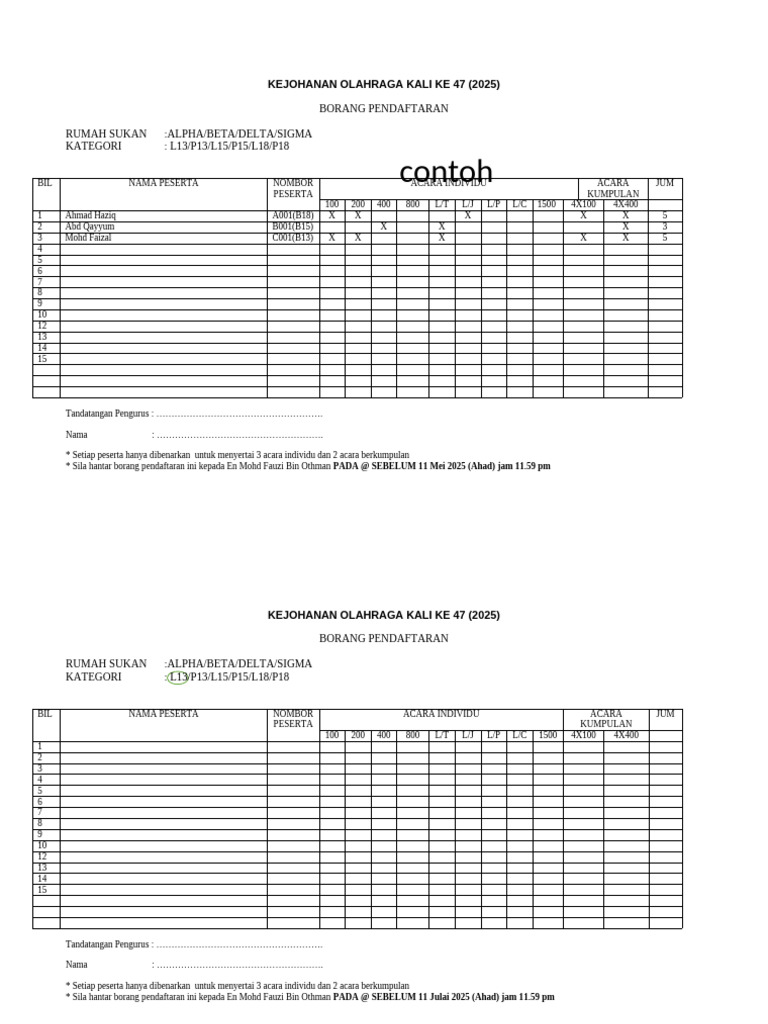 Borang Pendaftaran Sukan SDARY 2025 | PDF
