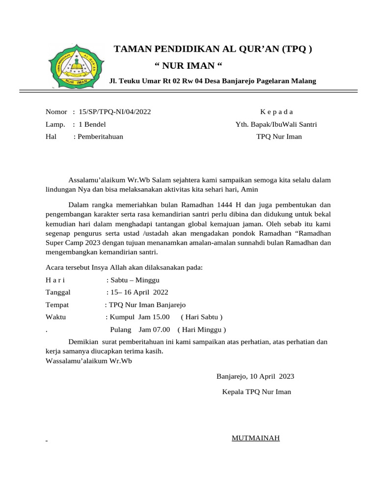 Surat Pemberitahuan TPQ | PDF