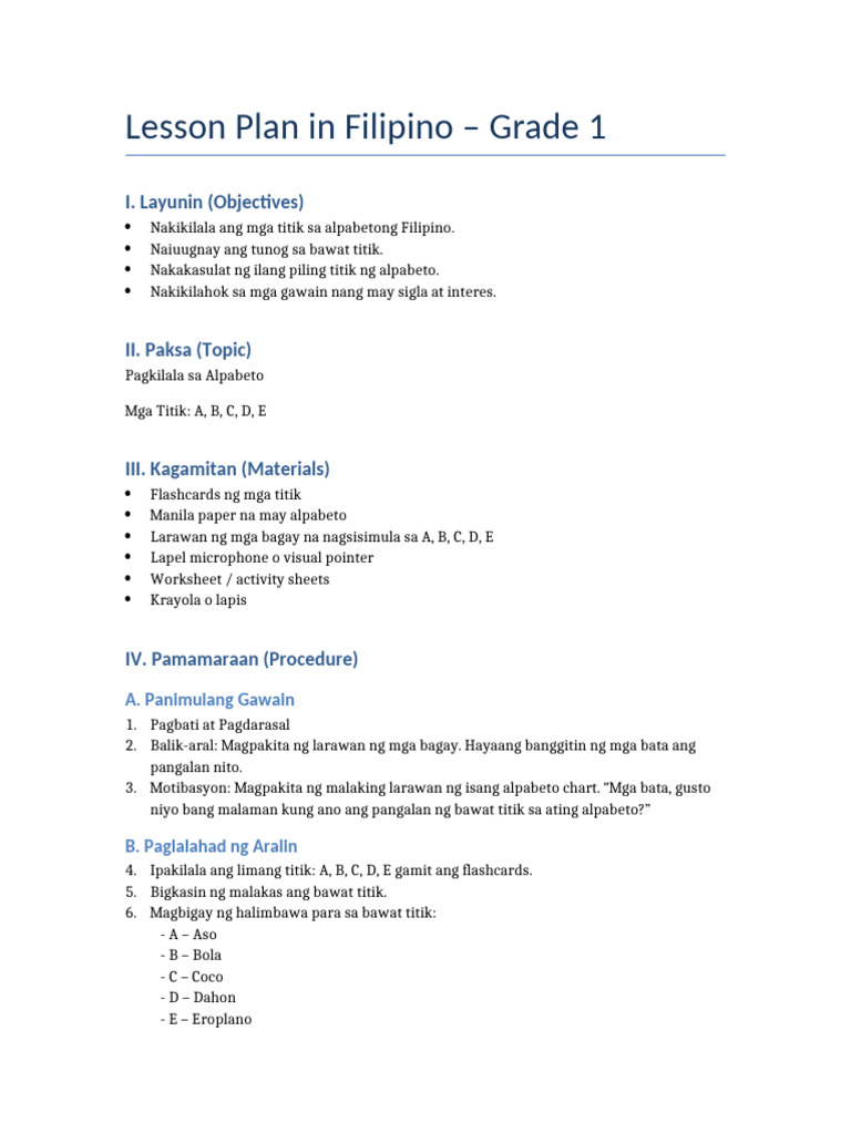 Lesson Plan Grade1 Filipino | PDF