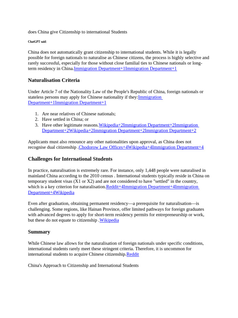 Citizenship for International Students in China | PDF | Naturalization ...