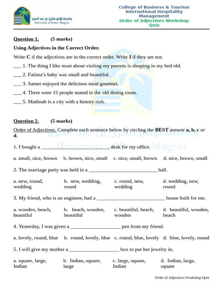 ORDER OF ADJECTIVES QUIZ | PDF