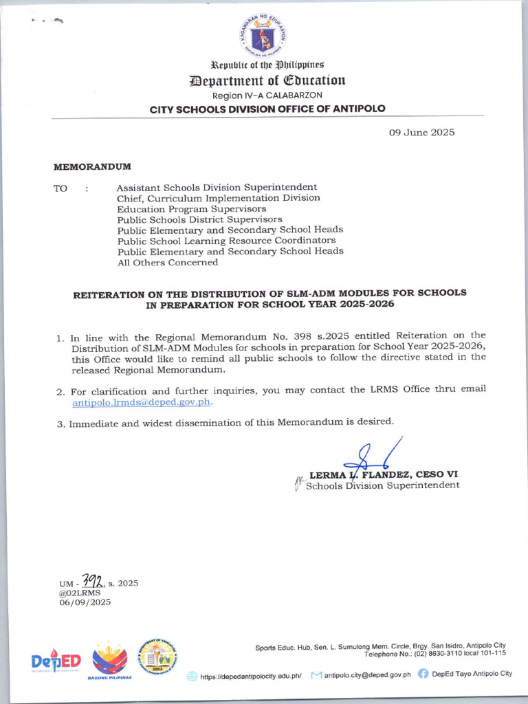 Um 392 Reiteration On The Distribution of SLM Adm Modules For Schools ...
