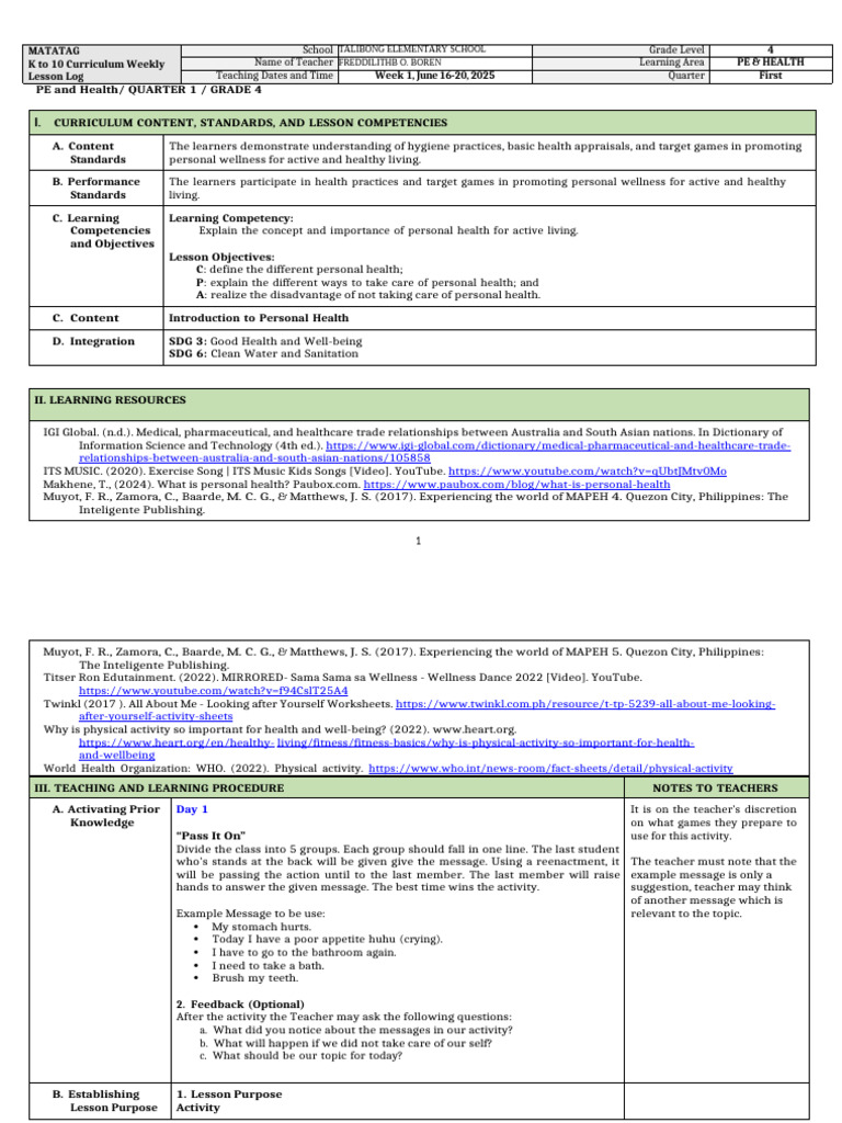 Pe and Health 4 Dll_q1_w1 (1) | PDF | Physical Fitness | Mental Health