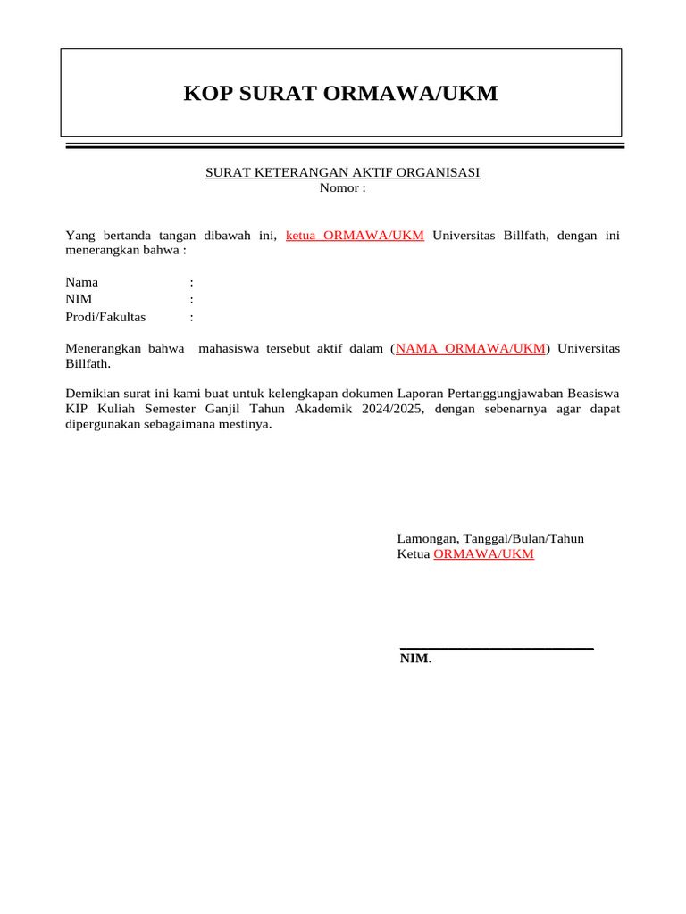 Lamp 2. Surat Keterangan Aktif Dalam Organisasi Kemahasiswaan (ORMAWA) | PDF