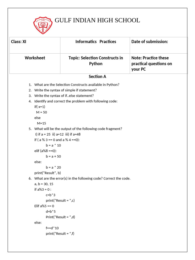 Class XI IP If Else Practical | PDF