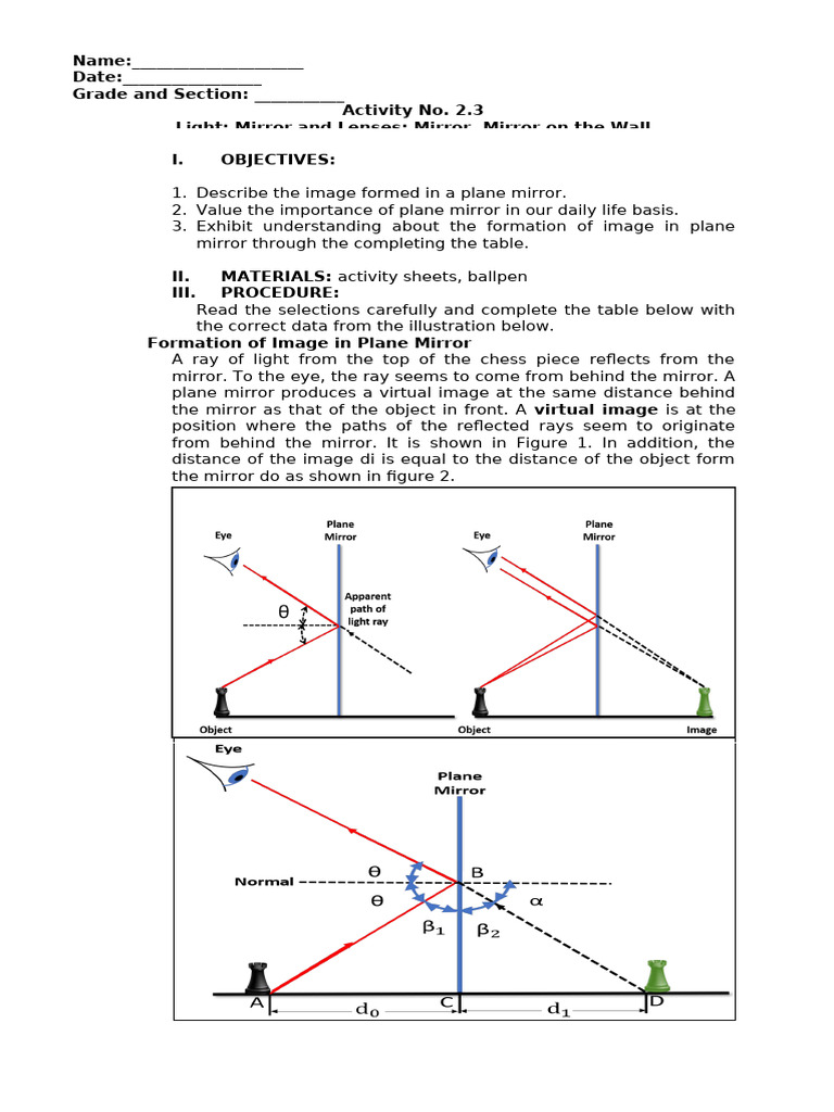 Activity 2.3 Light Mirror and Lenses Day3 | PDF | Mirror | Reflection ...