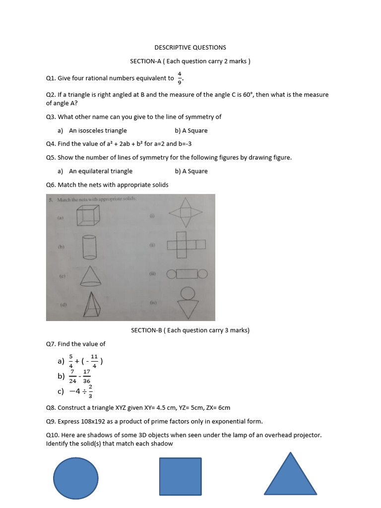 Final Examination Class 7 Paper 1 | PDF | Triangle | Elementary Mathematics