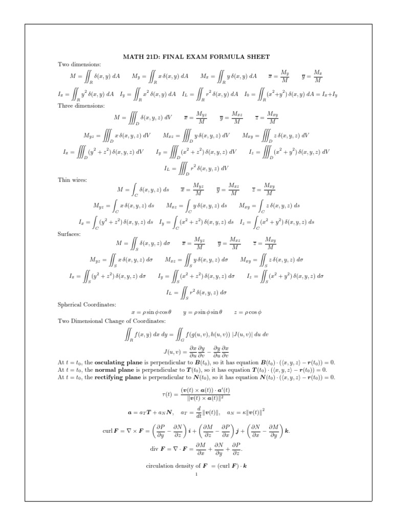 Math 21D Final Exam Formula Sheet | PDF | Coordinate System ...