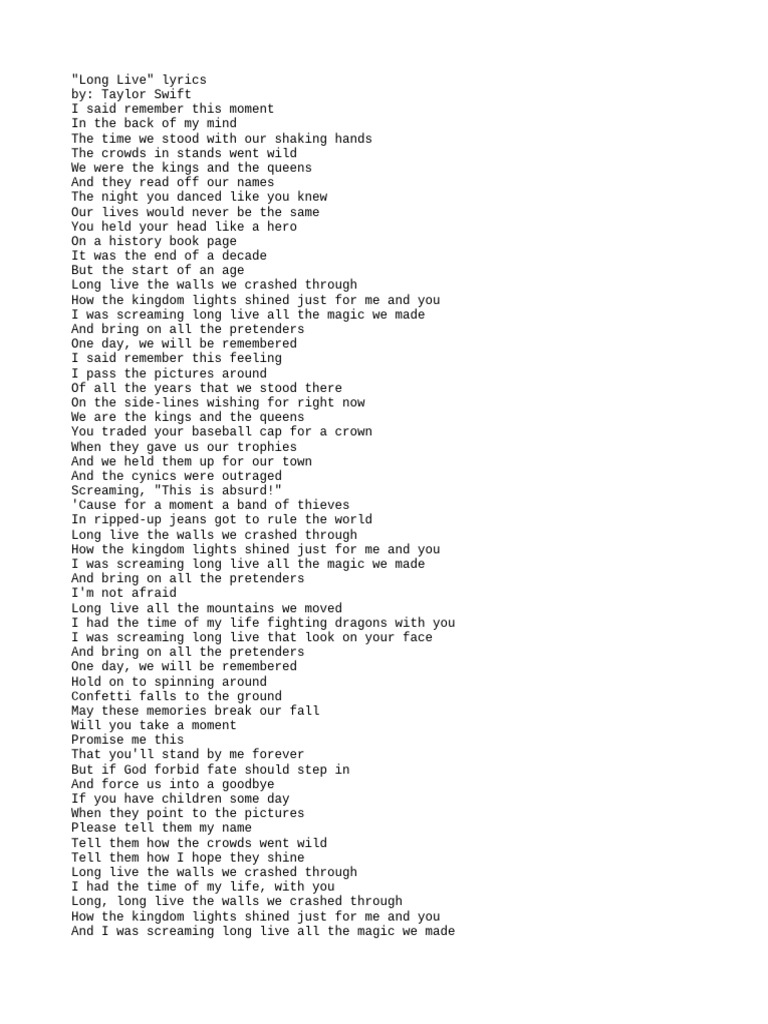 Long Live Lyrics by Taylor Swift | PDF