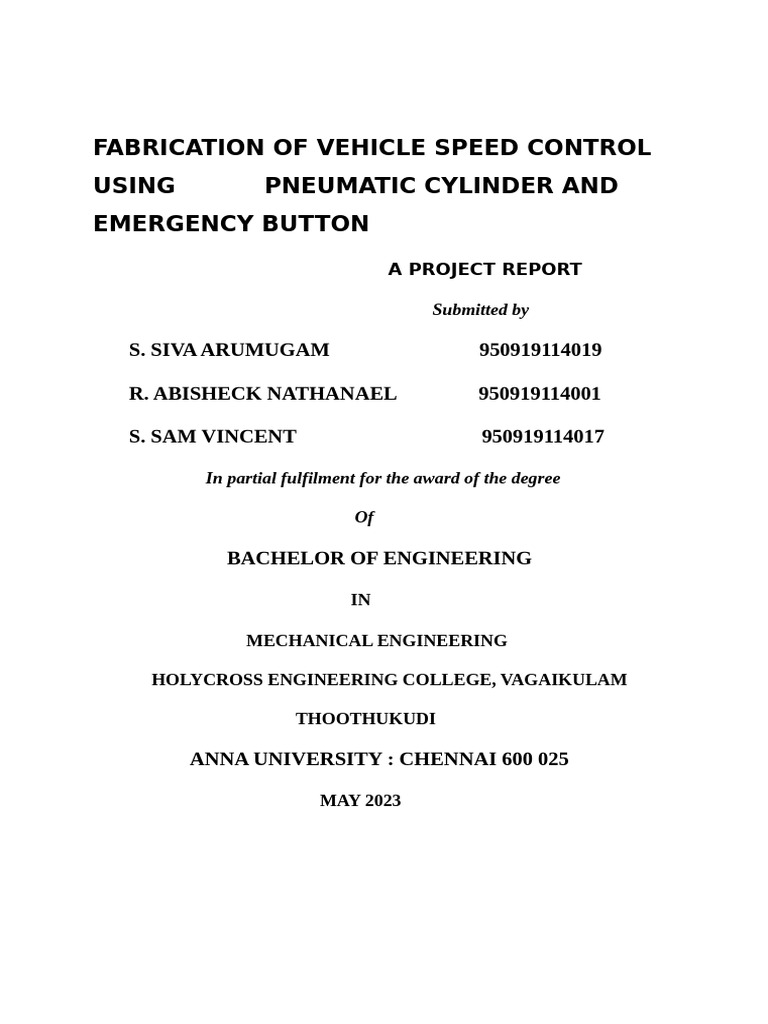 Fabrication of Vehicle Speed Control Using Pneumatic Cylinder and Emergency Button | PDF