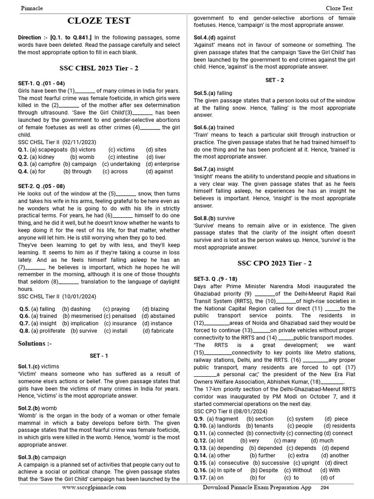 SSC CHSL 2023 Cloze Test Practice | PDF