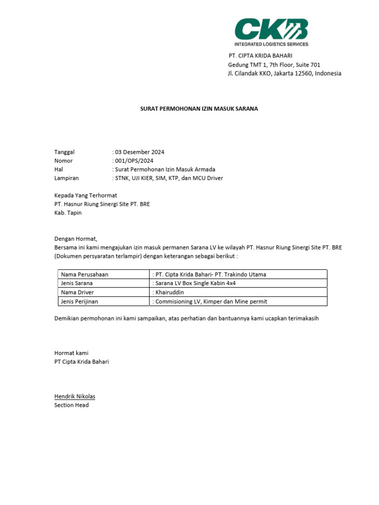 Surat Izin HRS EBL | PDF