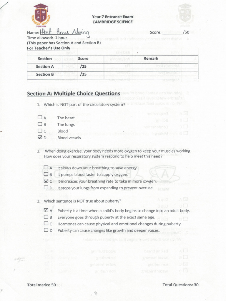 Year 7 Pre Test Science Htet HMu Naing - 000606 | PDF