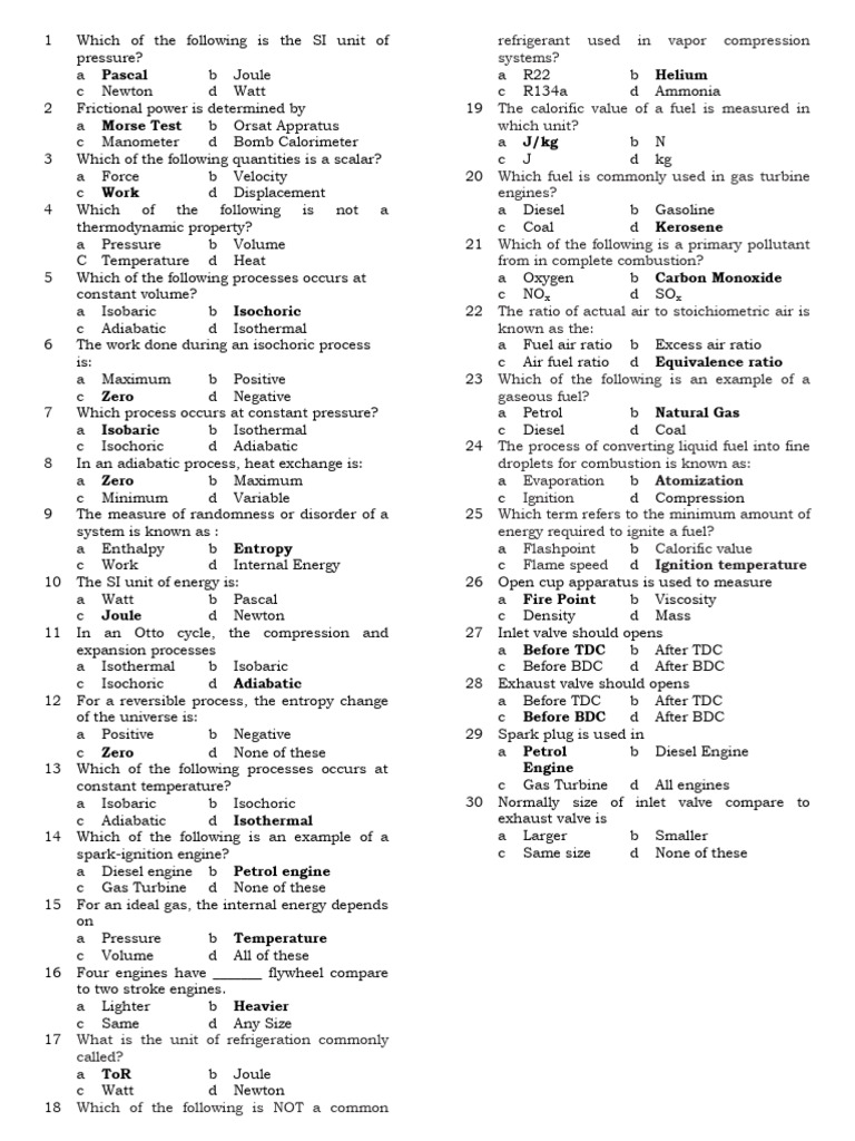 Engineering Concepts Quiz on Thermodynamics | PDF | Combustion ...
