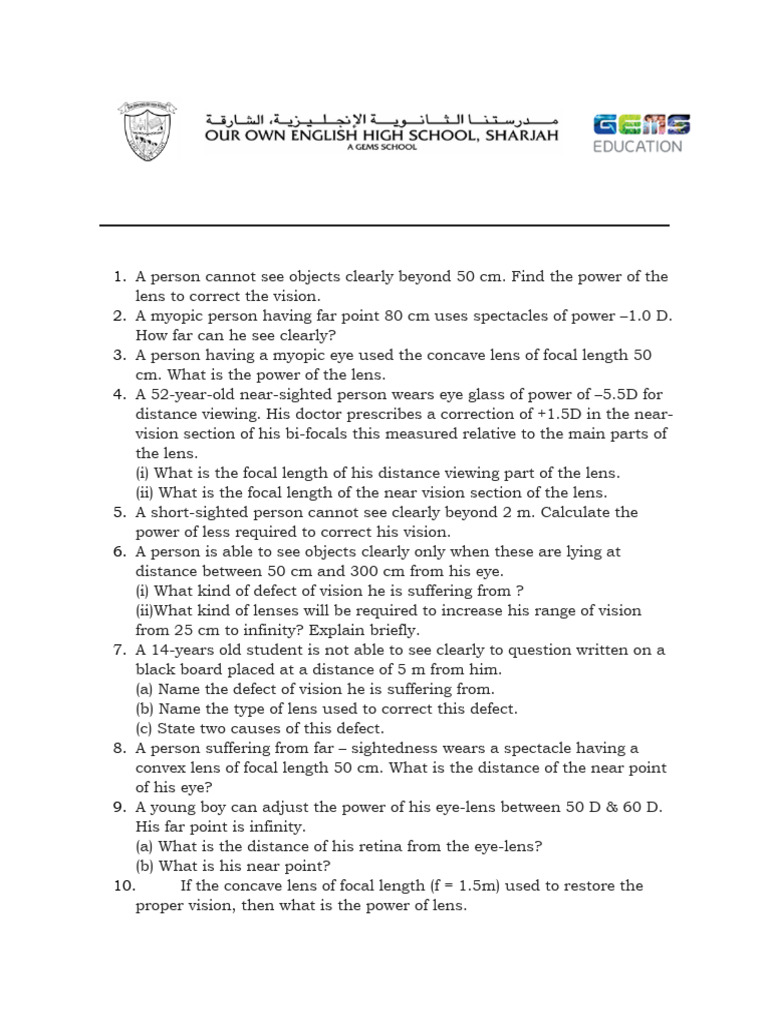 Numerical Questions - Defects of Vision - 230914 - 230007 | PDF