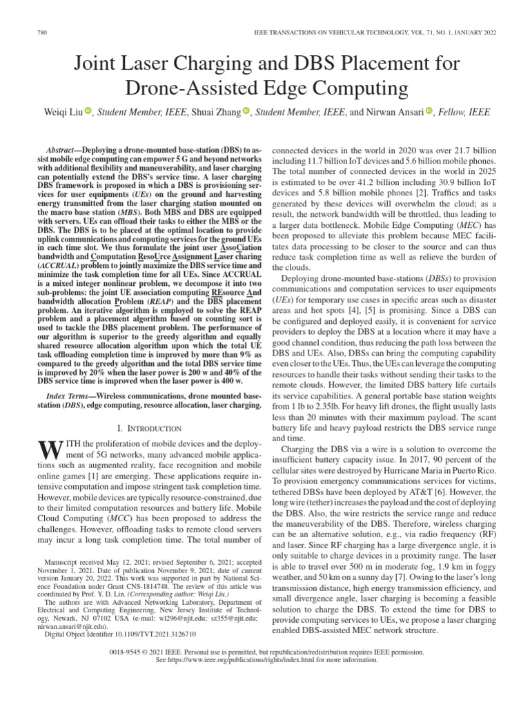 Joint Laser Charging and DBS Placement For Drone-Assisted Edge Computing | PDF | Computer ...