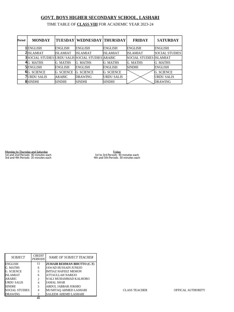 Time Table Class Viii | PDF
