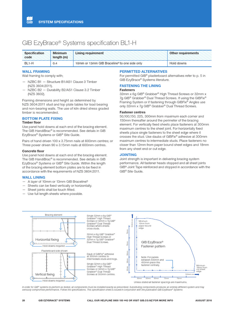 GIB EzyBrace System Sheet BL1 H | PDF | Screw | Drywall