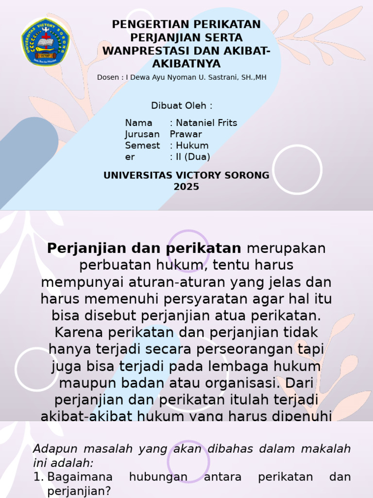 Perikatan Perjanjian Serta Wanprestasi Nataniel | PDF