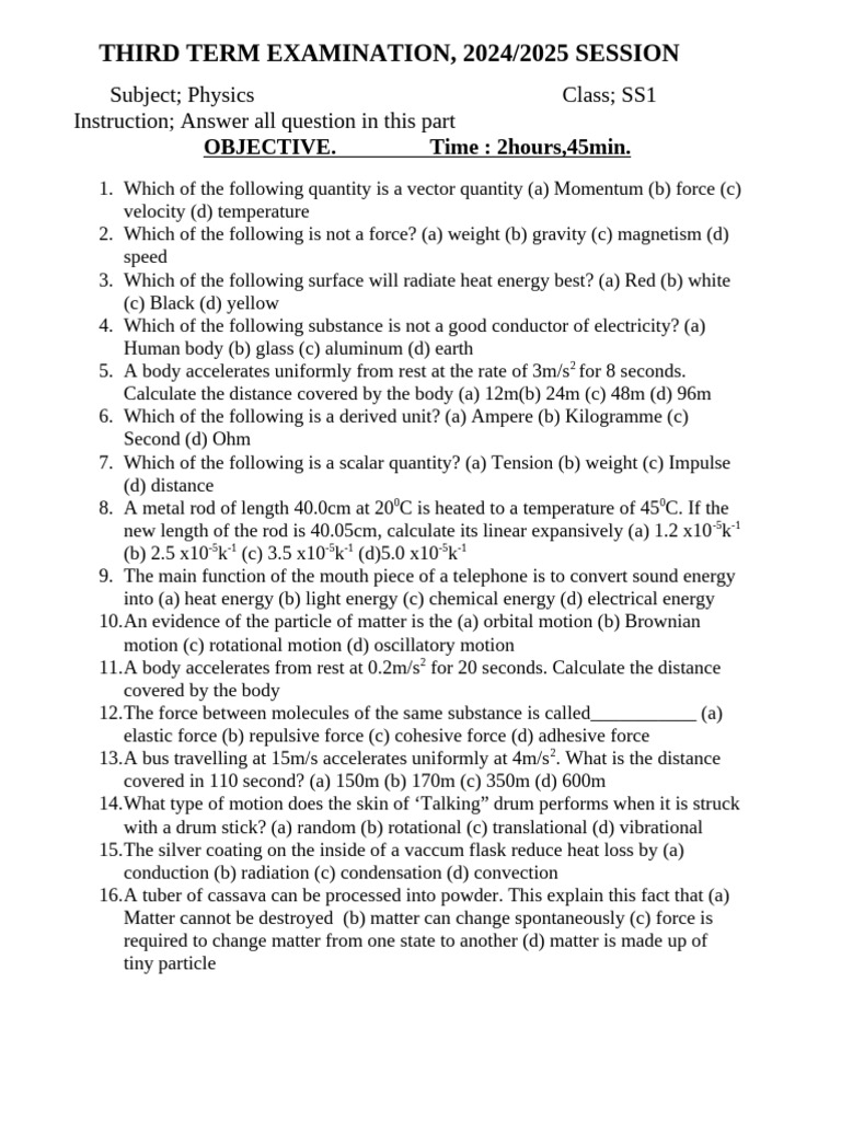 Mr. Fasina 3rd Term Exam Physic Ss1 | PDF | Force | Heat