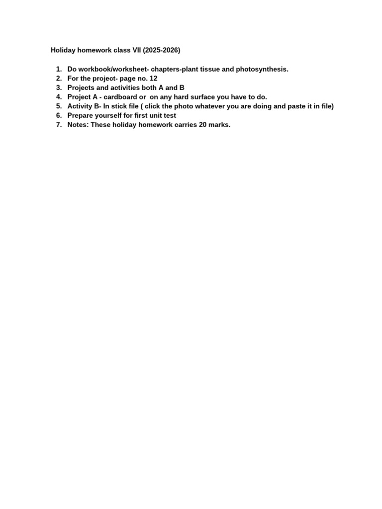Class VII Biology Holiday Homework 2025 | PDF