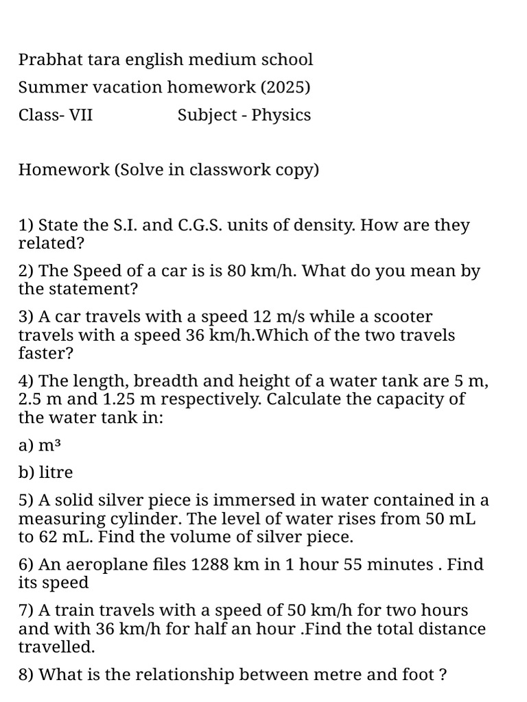 7 Physics Summer Vacation Homework 2025 (1) | PDF