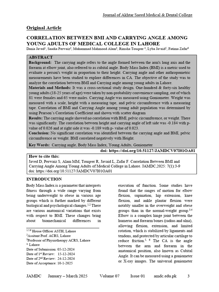 Original Article Correlation Between Bmi and Carrying Angle Among Young ...
