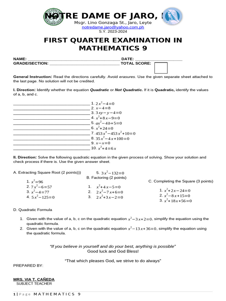 Math 9 Exam Set A 1st Quarter | PDF | Quadratic Equation | Mathematical ...