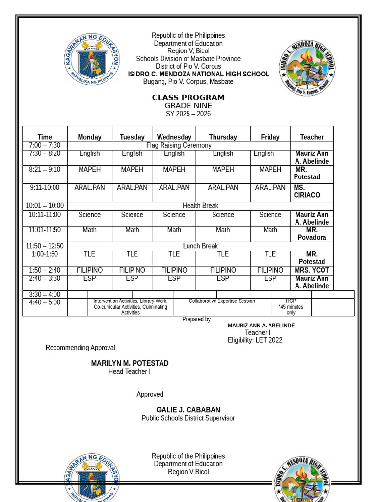Grade 9 Class Program SY 2025-2026 | PDF | Government Institutions ...