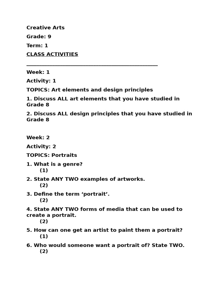 Creative Arts Gr9 Term 1 Activities | PDF | The Arts