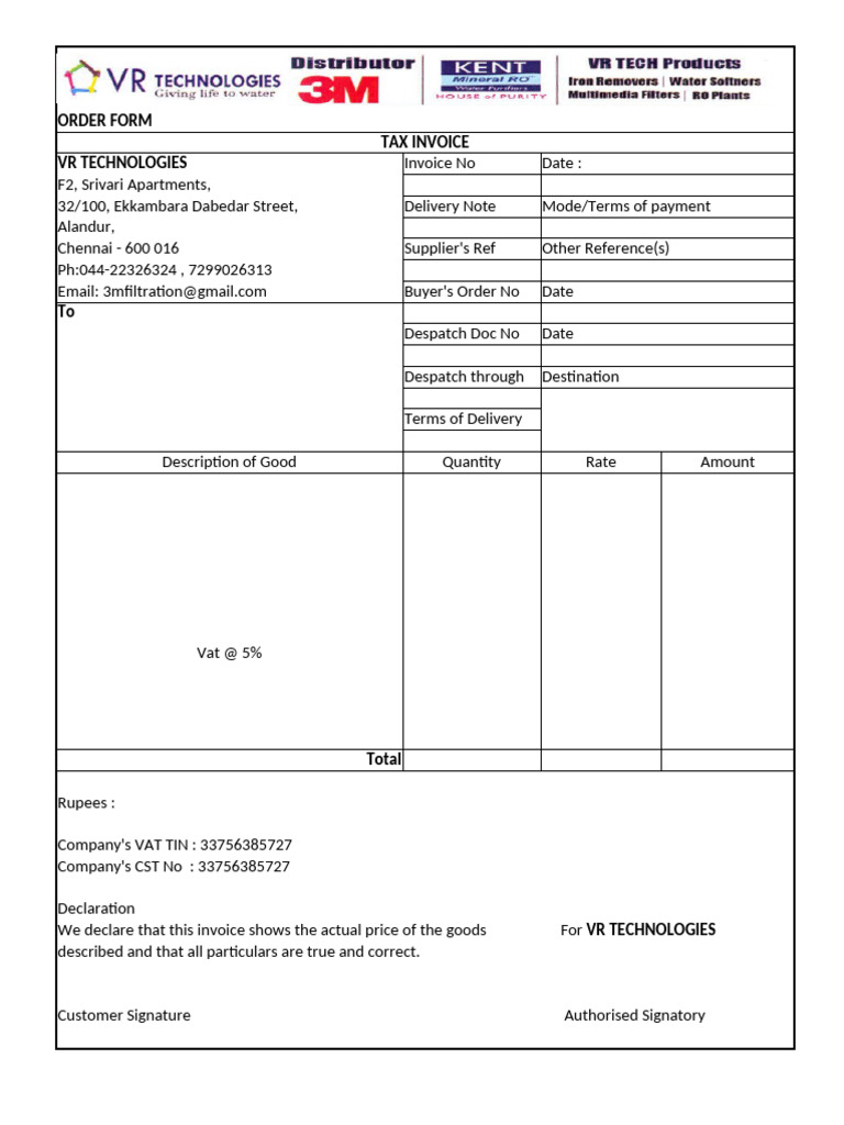 VR Technologies Tax Invoice & Order Form | PDF | Invoice | Cheque